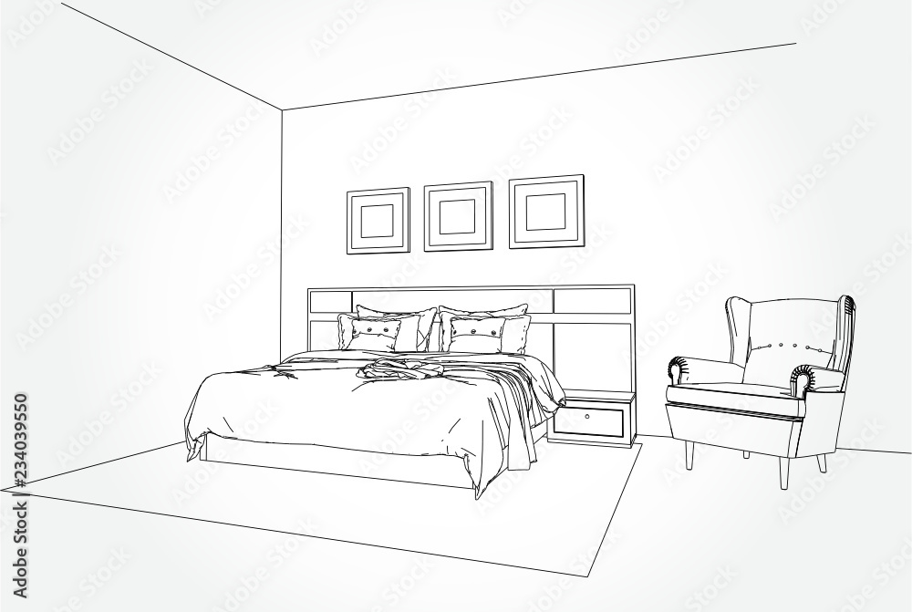 Linear sketch of an interior. Room plan. Sketch Line bedrooms. Vector ...