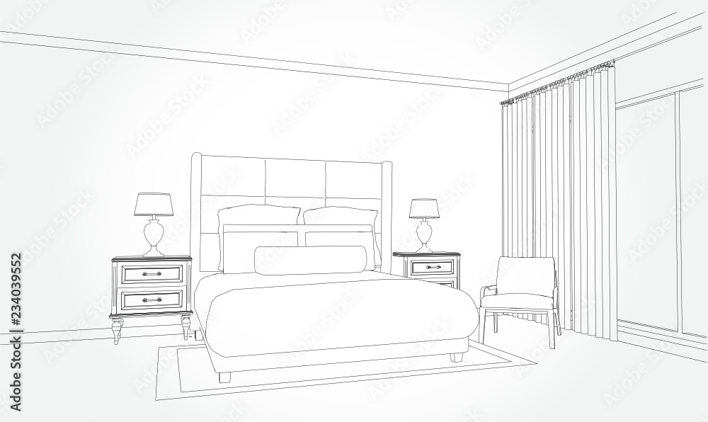 Linear sketch of an interior. Room plan. Sketch Line bedrooms. Vector ...