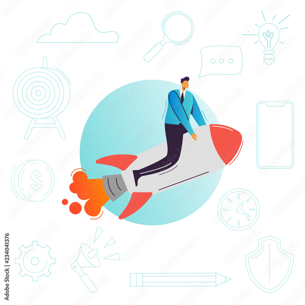Businessman Flying on a Rocket. Business Startup, Career Boost, Success ...