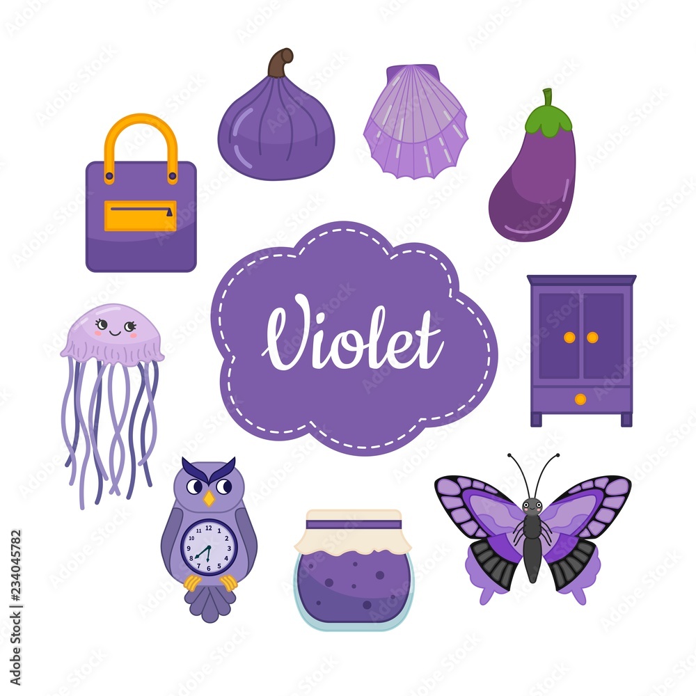 Learn the primary colors. Violet. Different objects in violet color ...