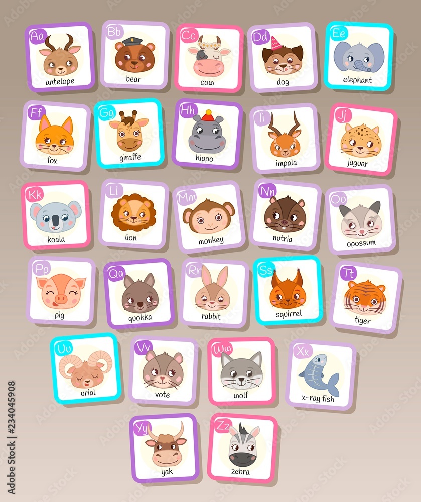 Vector cute kids animal alphabet. Letter a-z. Cute cartoon head of ...