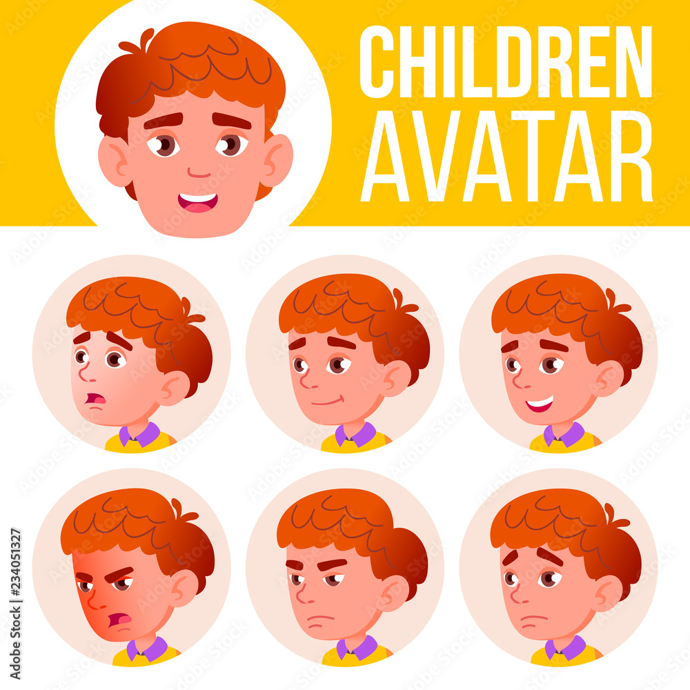 Boy Avatar Set Kid Vector. Primary School. Face Emotions. Red Head ...