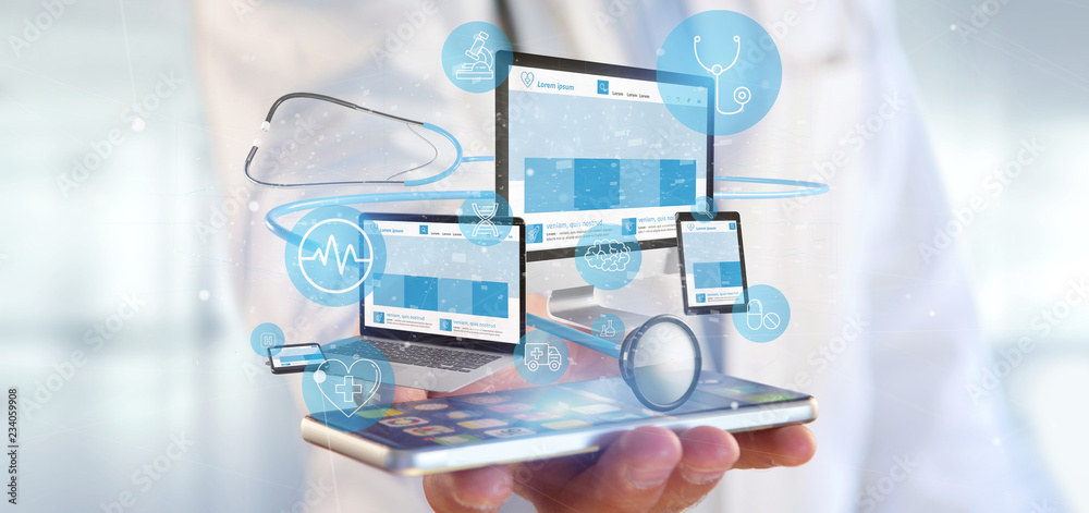 Doctor holding Devices with medical icon and stethoscope 3d rendering ...