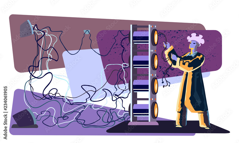 Inventor at work in laboratory with science equipment, cables and wires ...