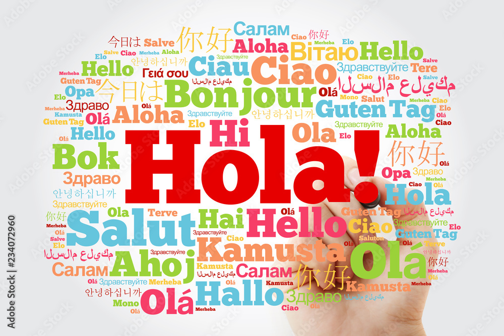 Hola! (Hello Greeting in Spanish) word cloud in different languages of ...