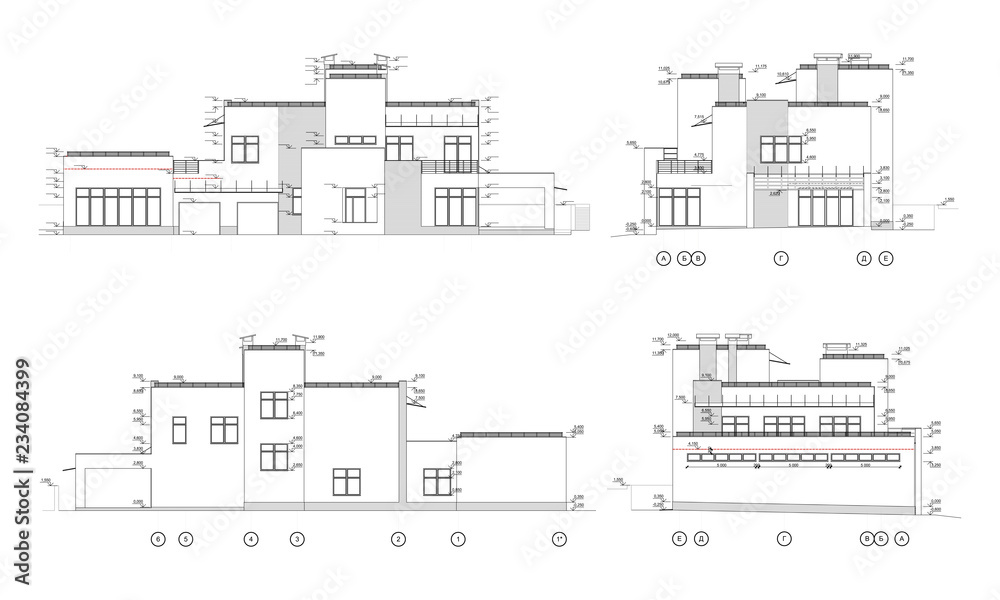 Set of private house facades, detailed architectural technical drawing ...