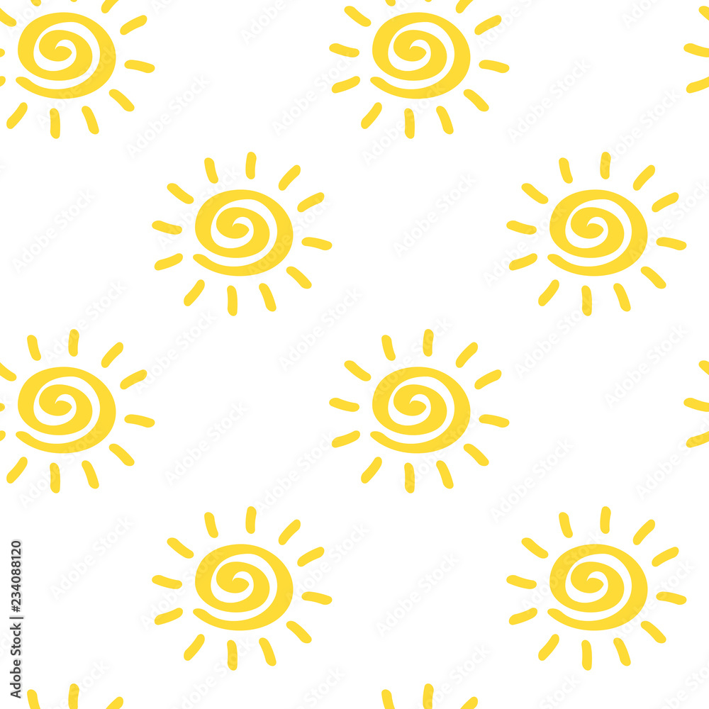 Vector seamless pattern with sun isolated on white backdrop. Sumer ...