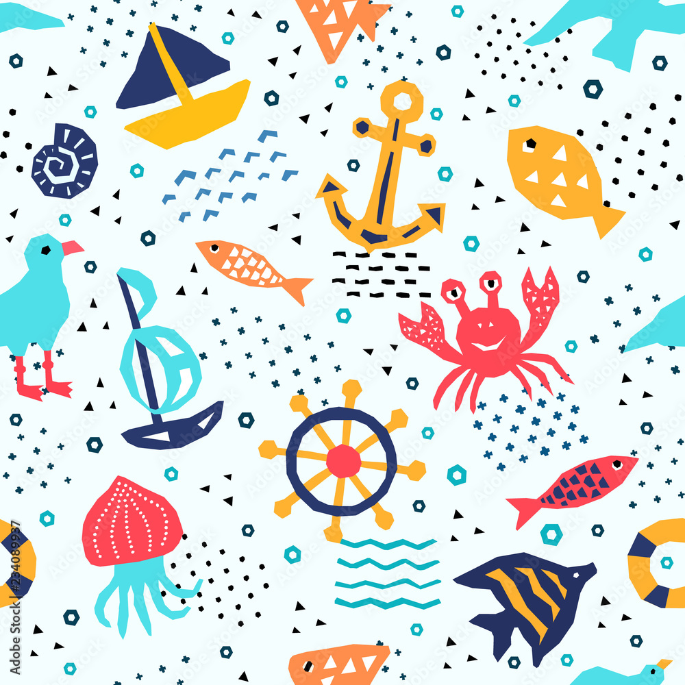 Seaworld seamless pattern of paper cutout marine style memphis design ...
