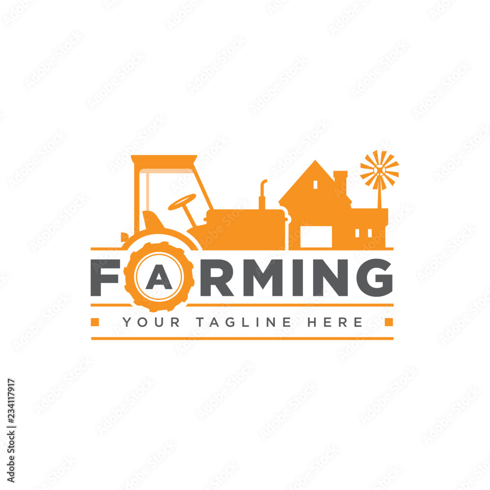 Farm logo, badge, label with tractor, house and water tower over ...