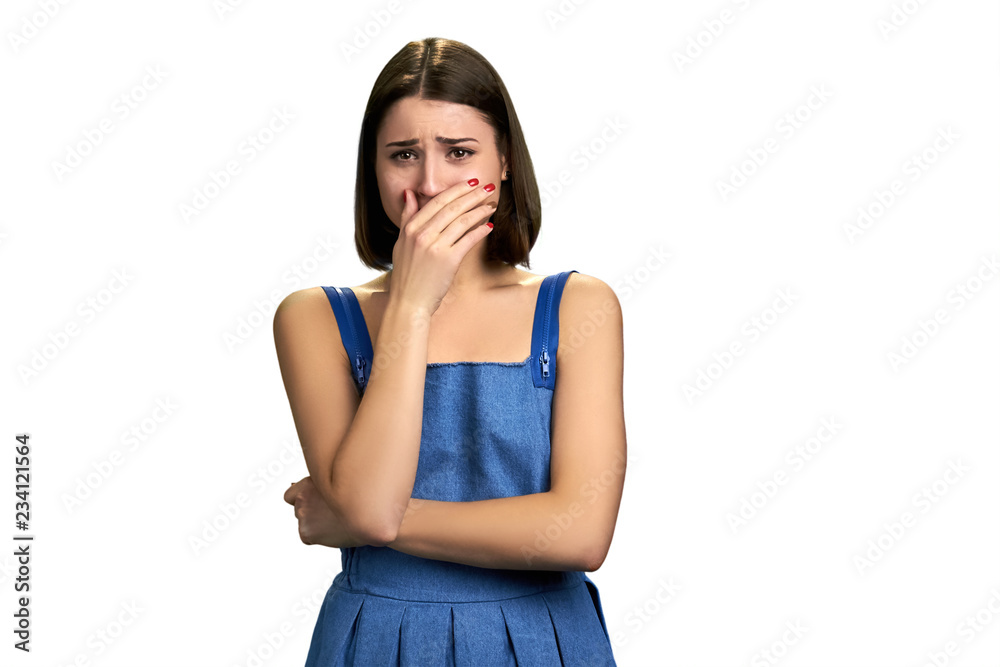 Young desperate woman is crying. Young upset woman is crying isolated ...