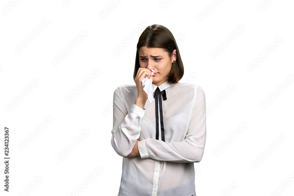 Crying woman isolated on white background. A sad beautiful woman ...