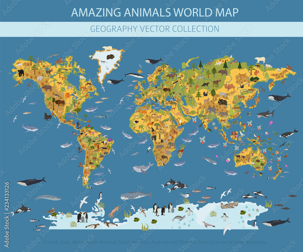Flat world flora and fauna map constructor elements. Animals, birds and ...