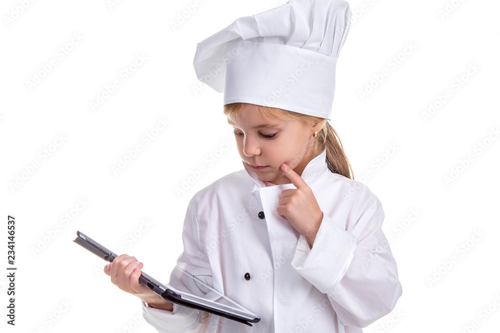 Girl chef white uniform isolated on white background. Holding the black ...