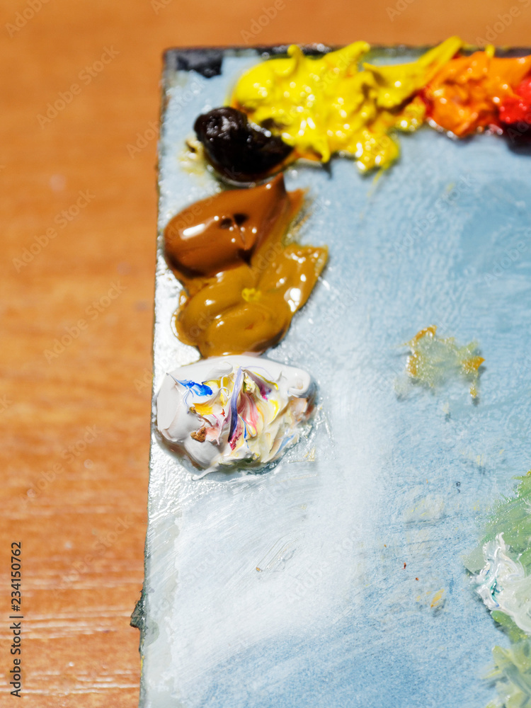 Paints on the palette large pln. Masoyan colors on the palette. Stock ...