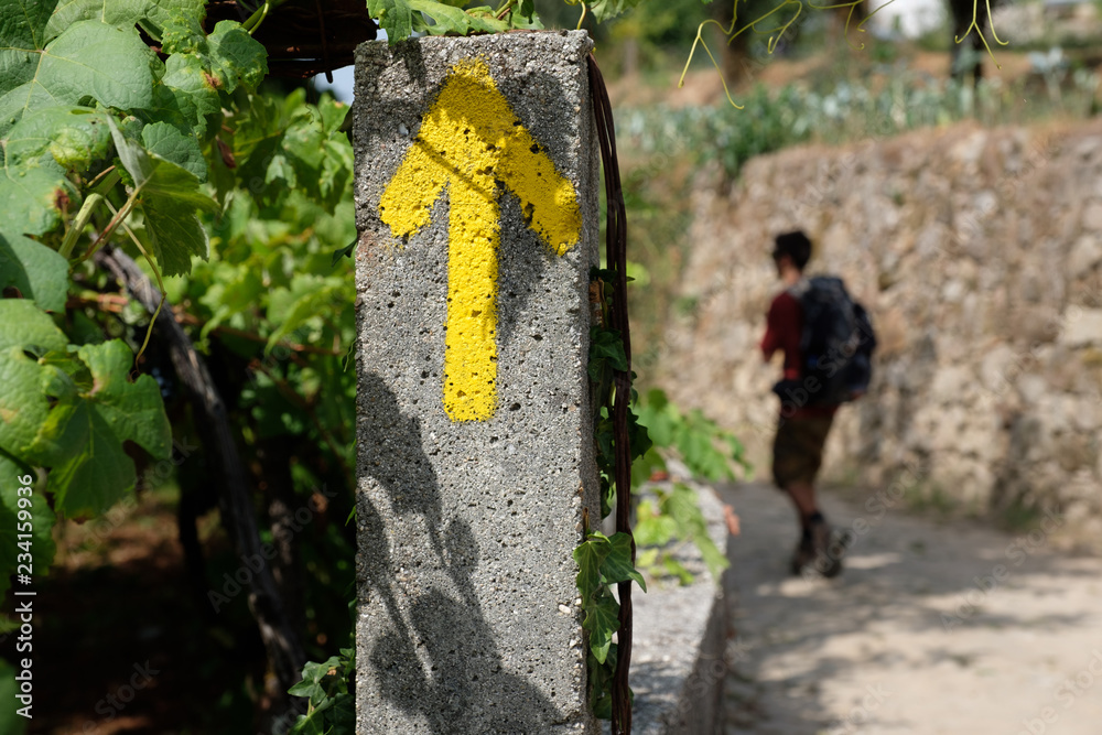 Gelber Pfeil und Pilger auf dem Jakobsweg (von Porto nach Santiago de ...
