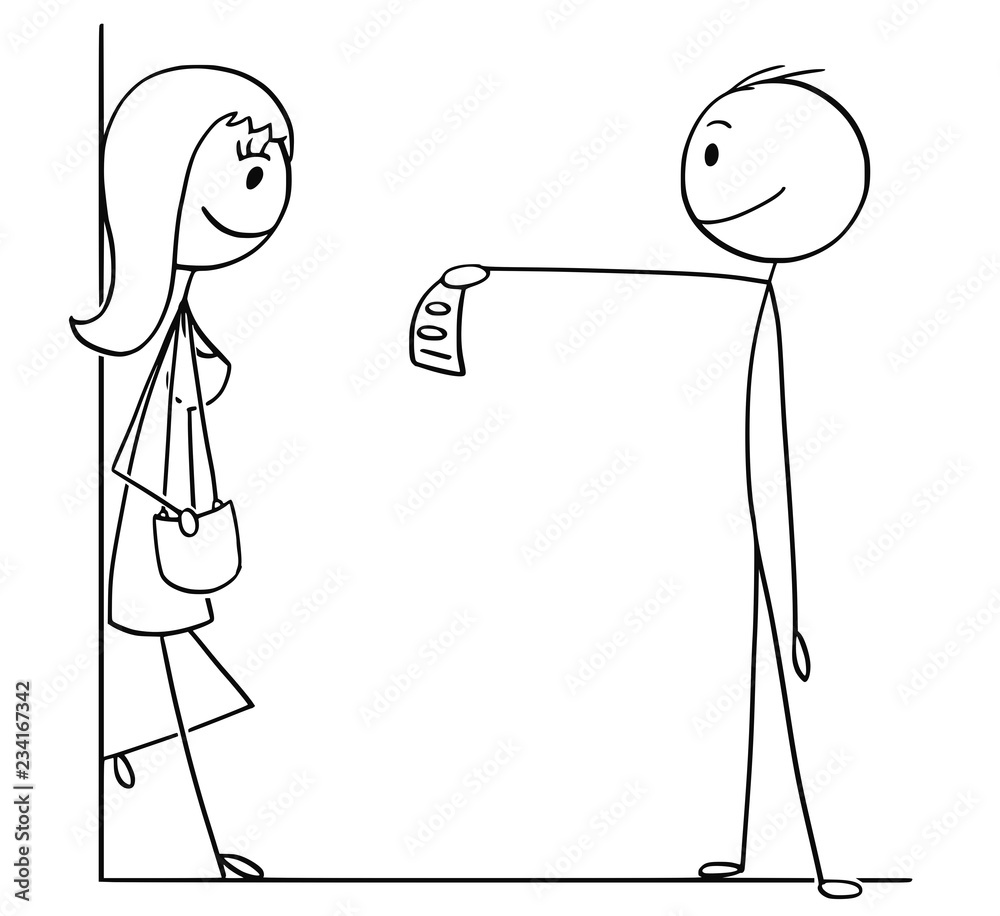 Cartoon stick drawing conceptual illustration of man or client paying ...