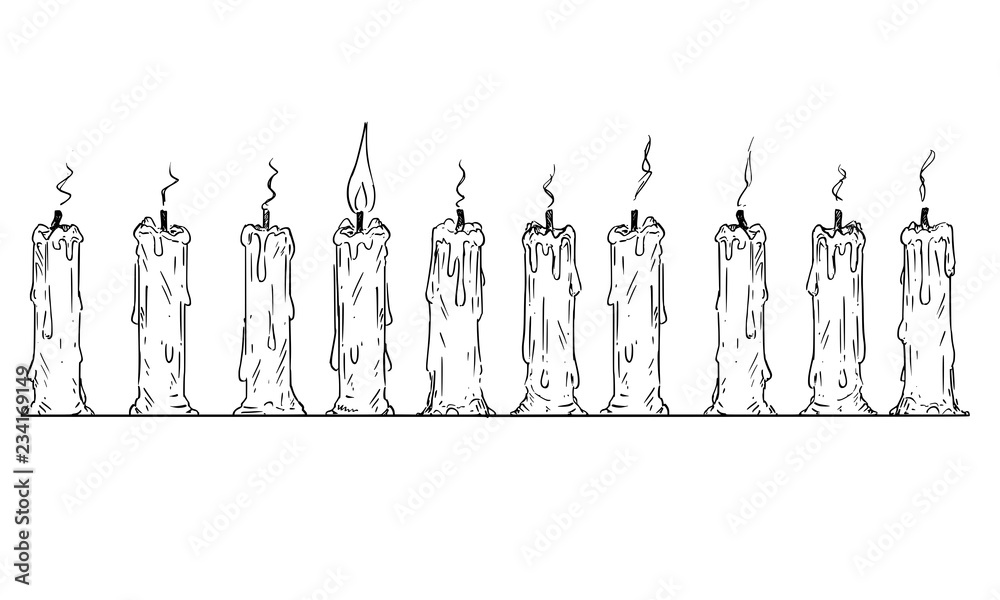 Cartoon drawing conceptual illustration of one lit candle in row of ...