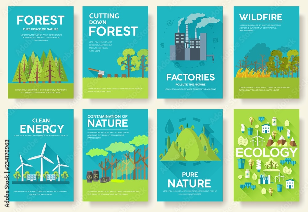 Ecology information cards set. Ecological template of flyear, magazines ...