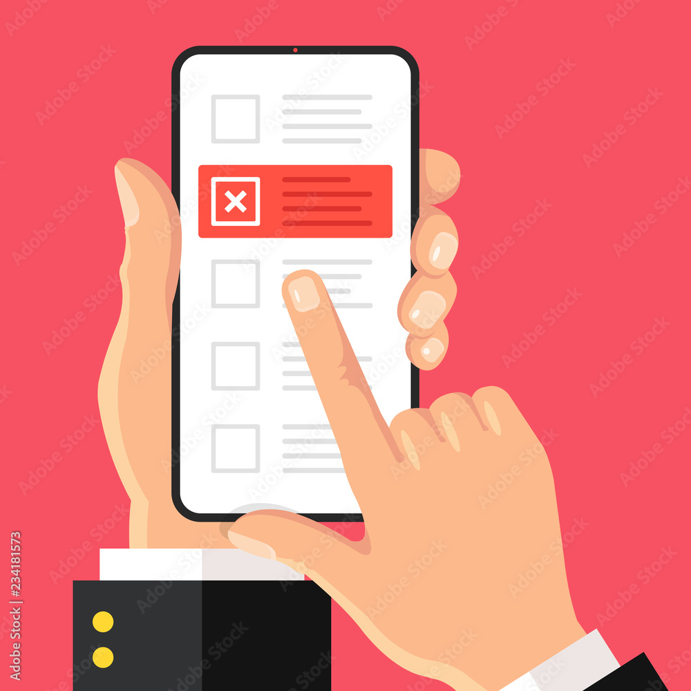 Check list on smartphone screen. Hand holds mobile phone and checklist ...