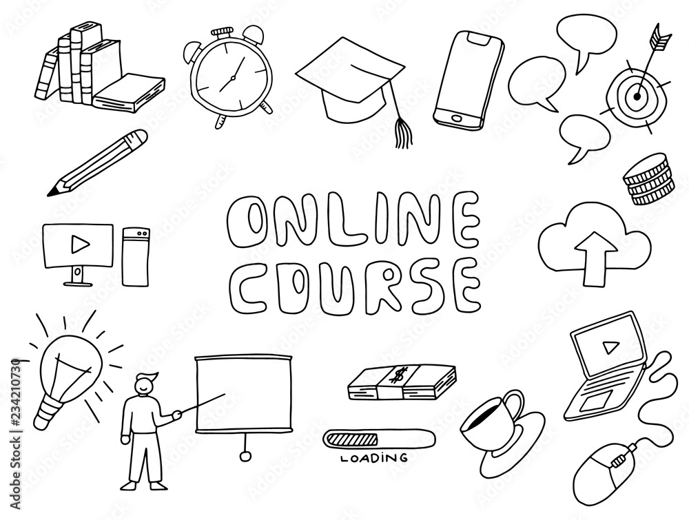 online course doodle illustration art with paper background black and ...