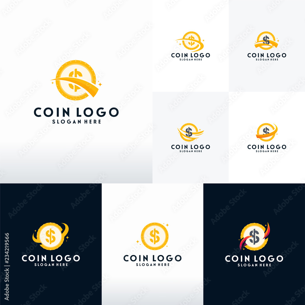Vetor de Set of Coin Finance logo with swoosh symbol vector, Collection ...