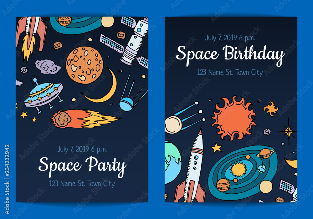 Vector invitation for birthday party with hand drawn space elements ...