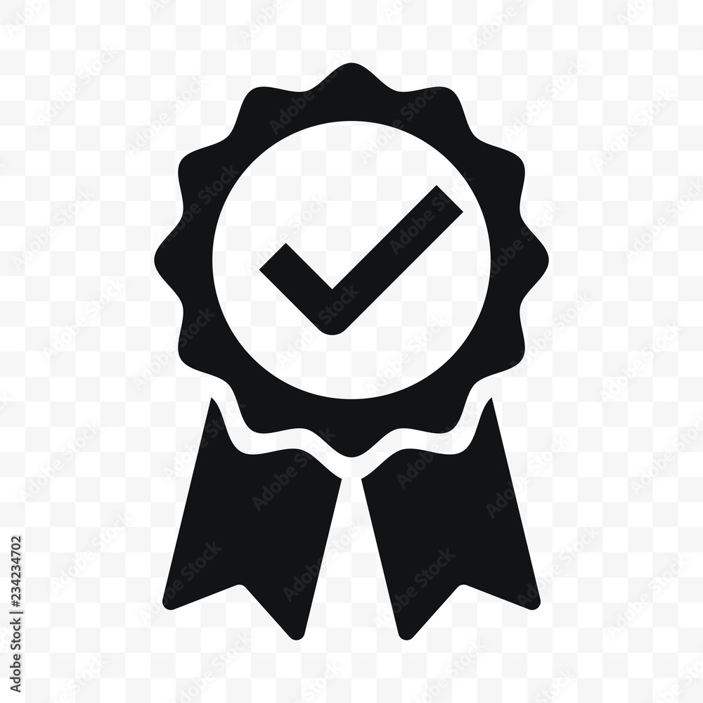 Quality icon, certified check mark ribbon label. Vector premium product ...