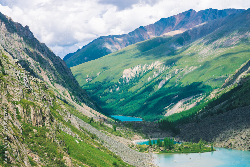 Wonderful three mountain lakes in valley of highlands. Clean azure ...