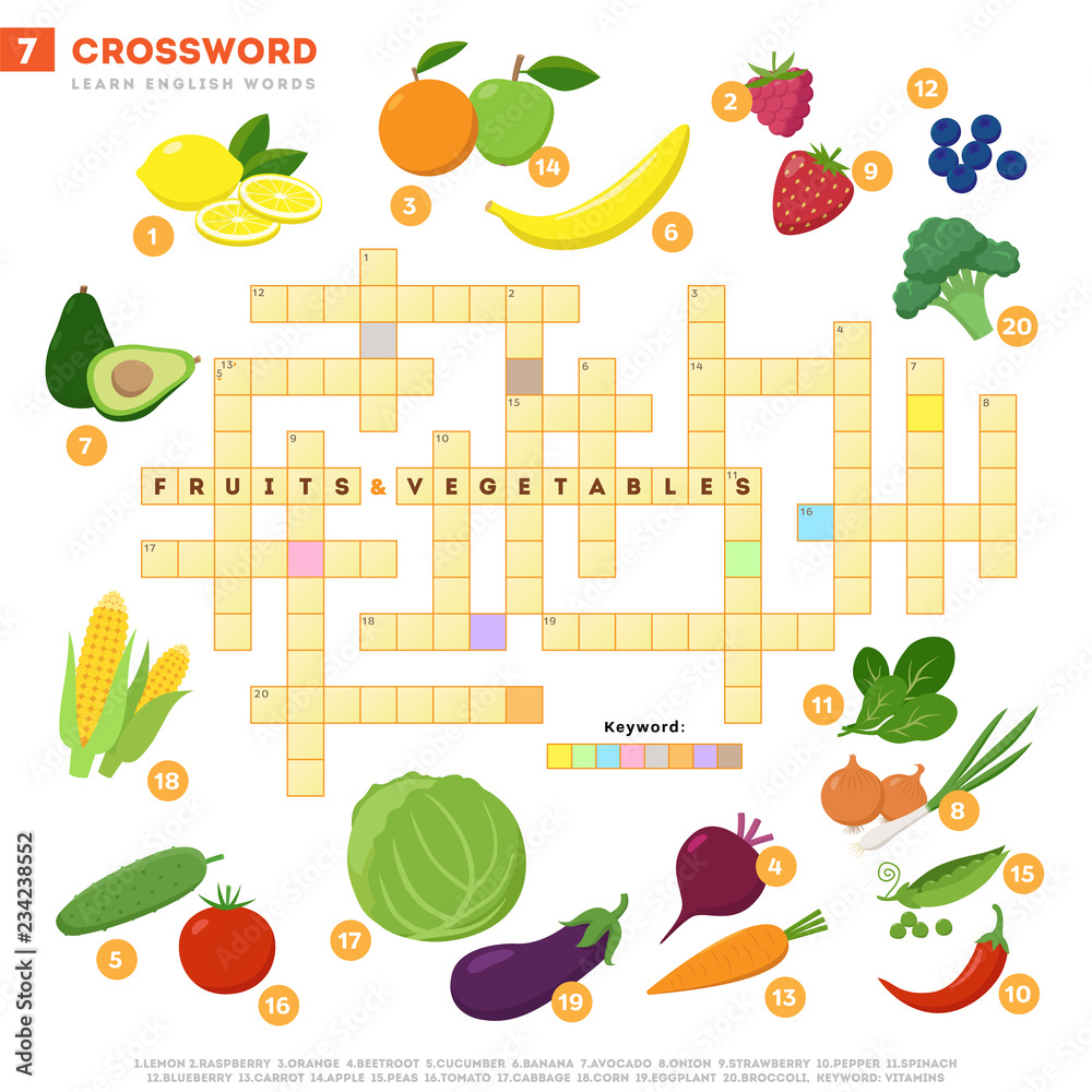 Crossword with huge set of illustrations and keyword in vector flat ...