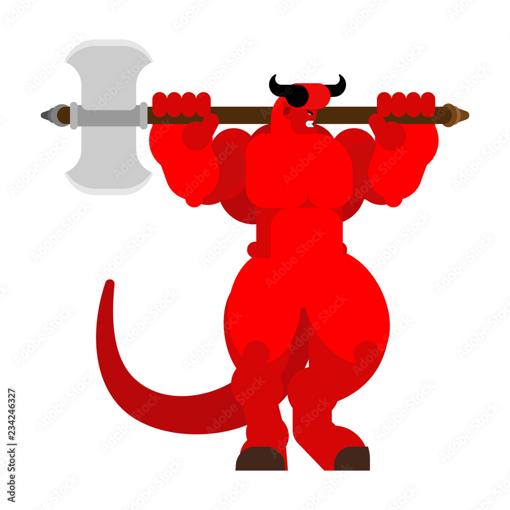 Devil with ax. Strong Angry Asmodeus. Red demon big. Horned Satan ...