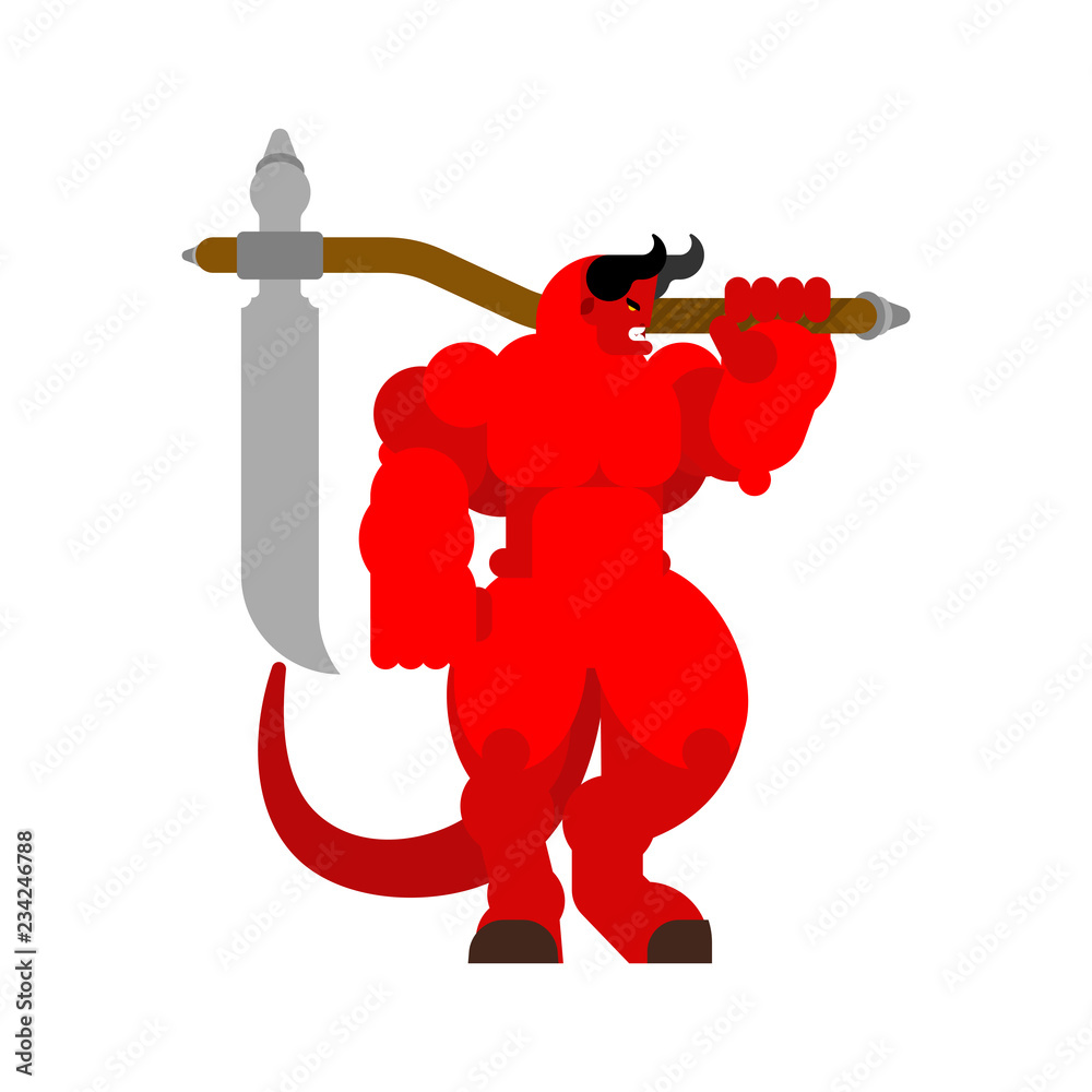 Demon with scythe. Horned Satan. Powerful Beelzebub lord of darkness ...