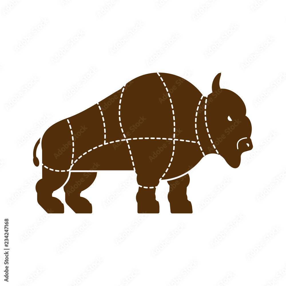 Cut of meat buffalo. Bison silhouette scheme lines of different parts ...
