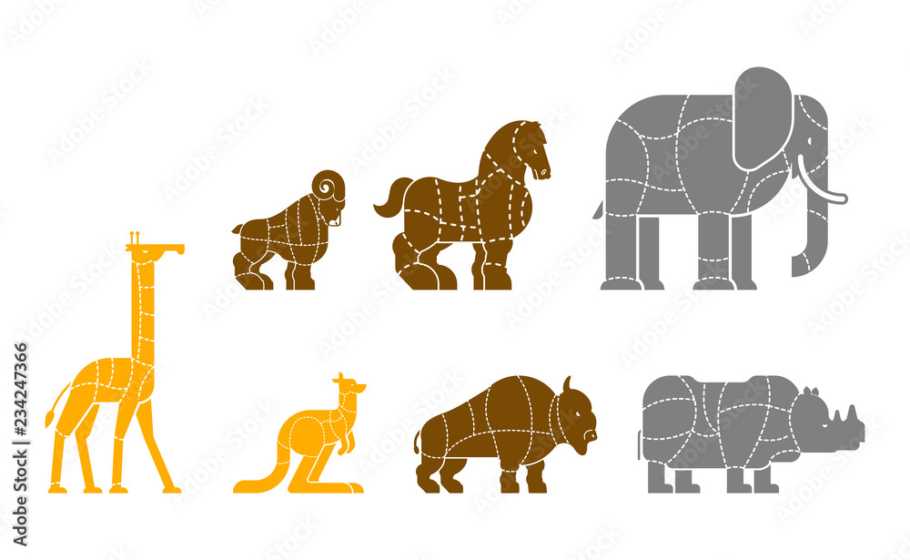 Cut of meat set beast Giraffe. silhouette scheme lines of different ...