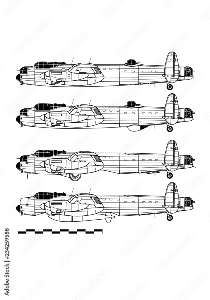 Combat aircraft. Avro LANCASTER. Outline drawing Stock Vector | Adobe Stock