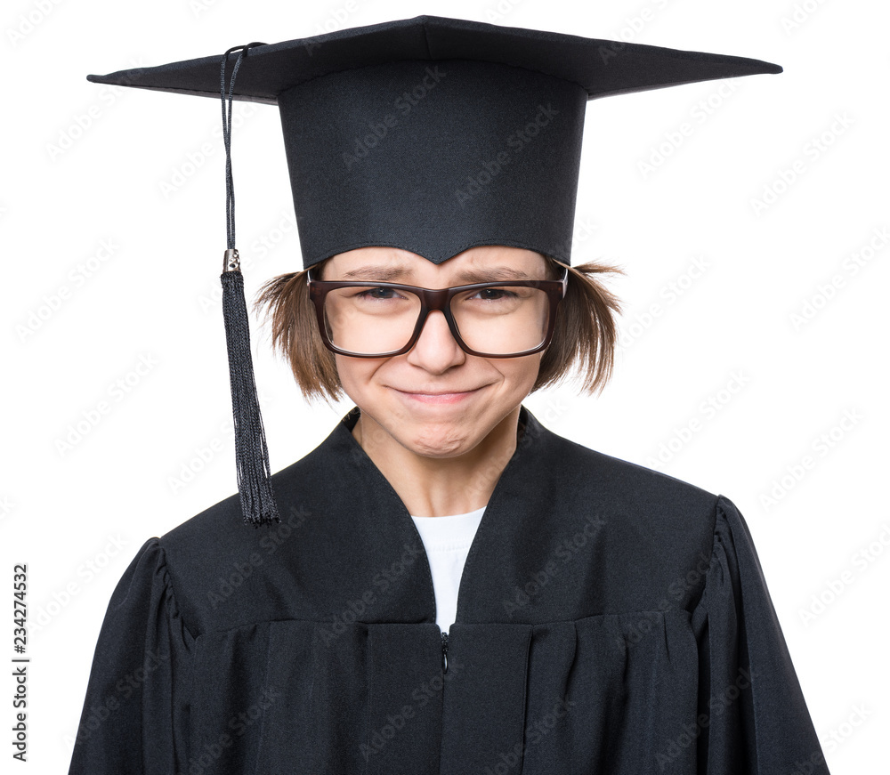 Sad disappointed graduate little girl student in black graduation gown ...