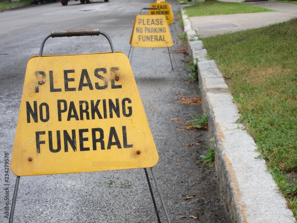 Line of No Parking signs for a funeral service Stock Photo | Adobe Stock