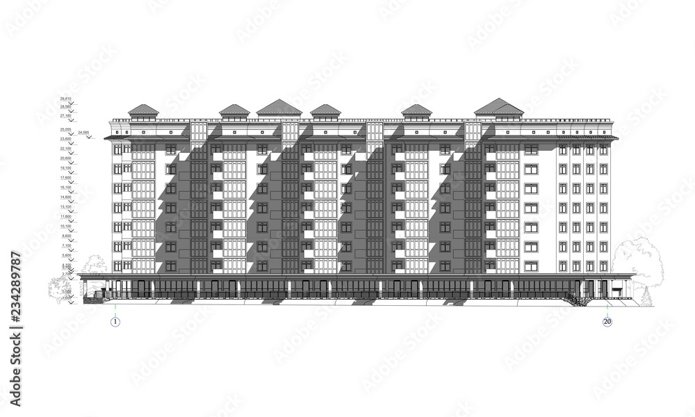 Multistory building facade, detailed architectural technical drawing ...