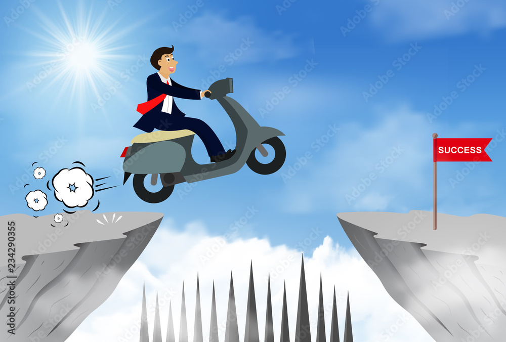 businessman riding a motorbike jumping over obstacles over chasm go to ...