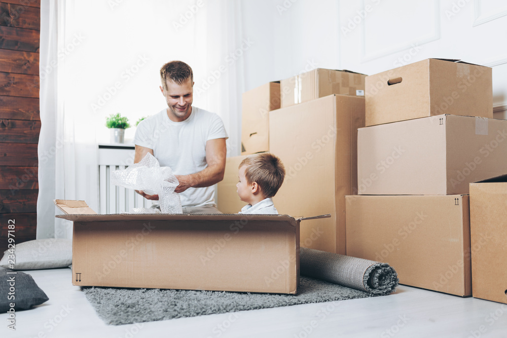 Poster Moving concept, Father and son moving to a new home – Wall Art ...