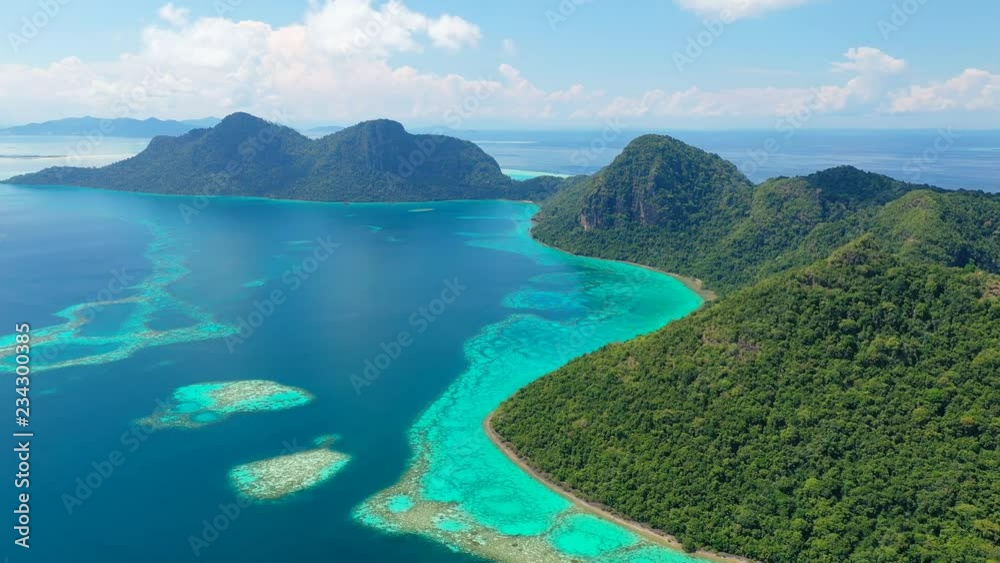 Aerial panoramic view of Pulau Bodgaya / Bohey Dulang Islands ...