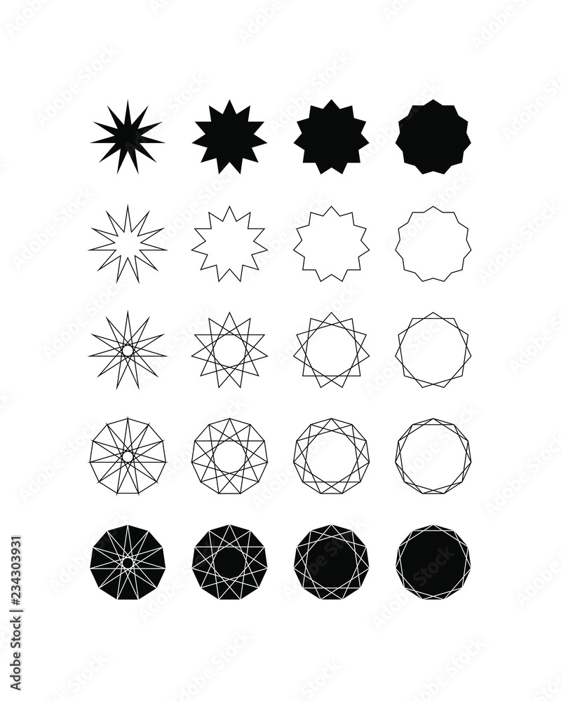 Set of fifteen different styles of eleven pointed star (hendecagram ...