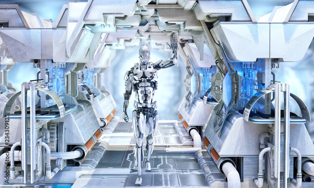 Robot waving a hand, say hi. Android, humanoid or cyborg artificial ...