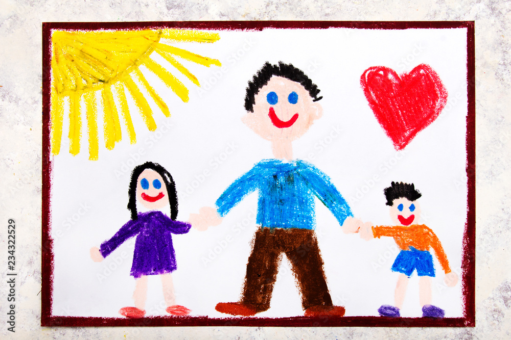 Colorful drawing: Single parenting. Smiling family with father and her ...
