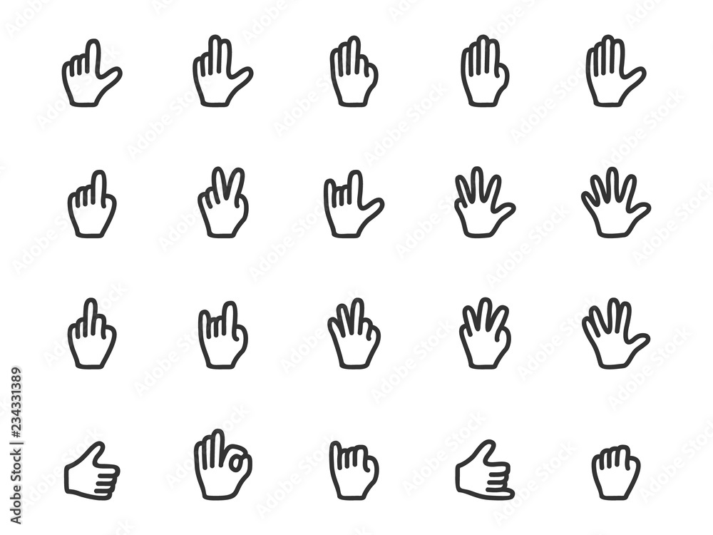 Vector set of gesture icons in outline style. Collection of hand icons ...