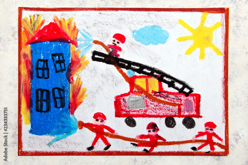 Colorful hand drawing: red fire truck with a ladder. Firefighters ...