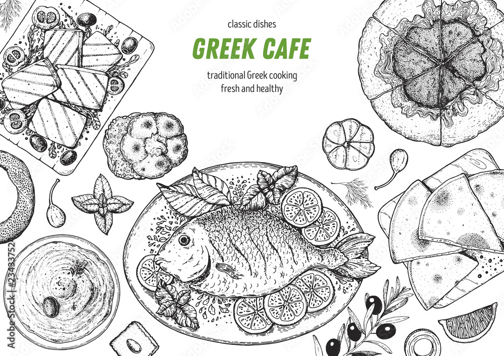 Greek cuisine top view frame. A set of greek dishes with halloumi ...