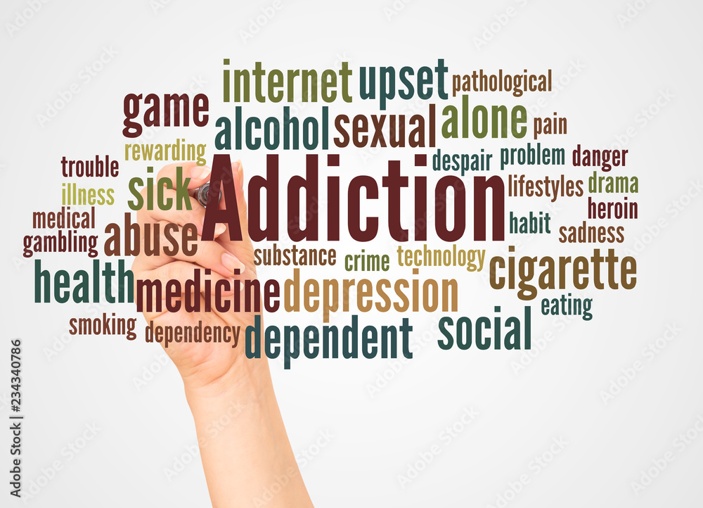 Addiction word cloud and hand with marker concept Stock Illustration ...