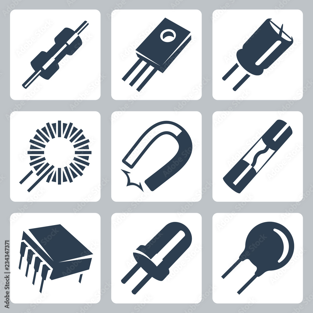Vector electronic components icons set: resistor, transistor, capacitor ...