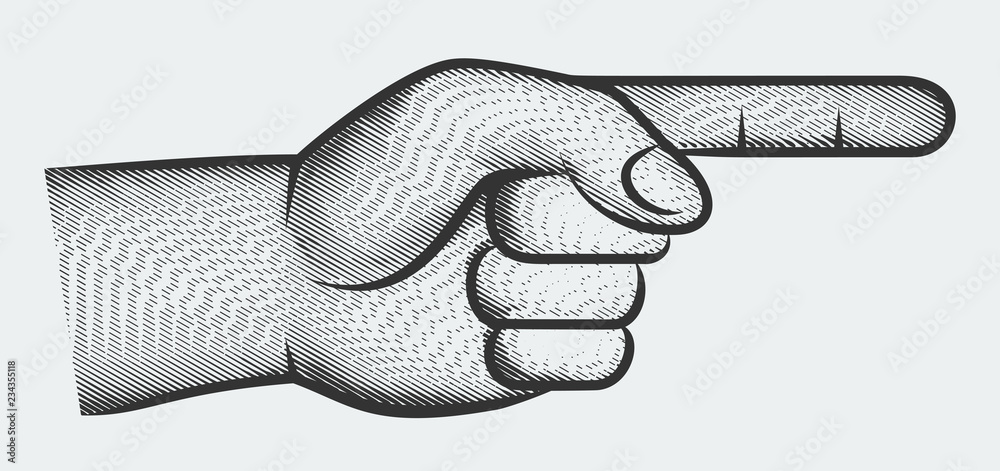 Hand with pointing finger, side view, engraving style Stock Vector ...