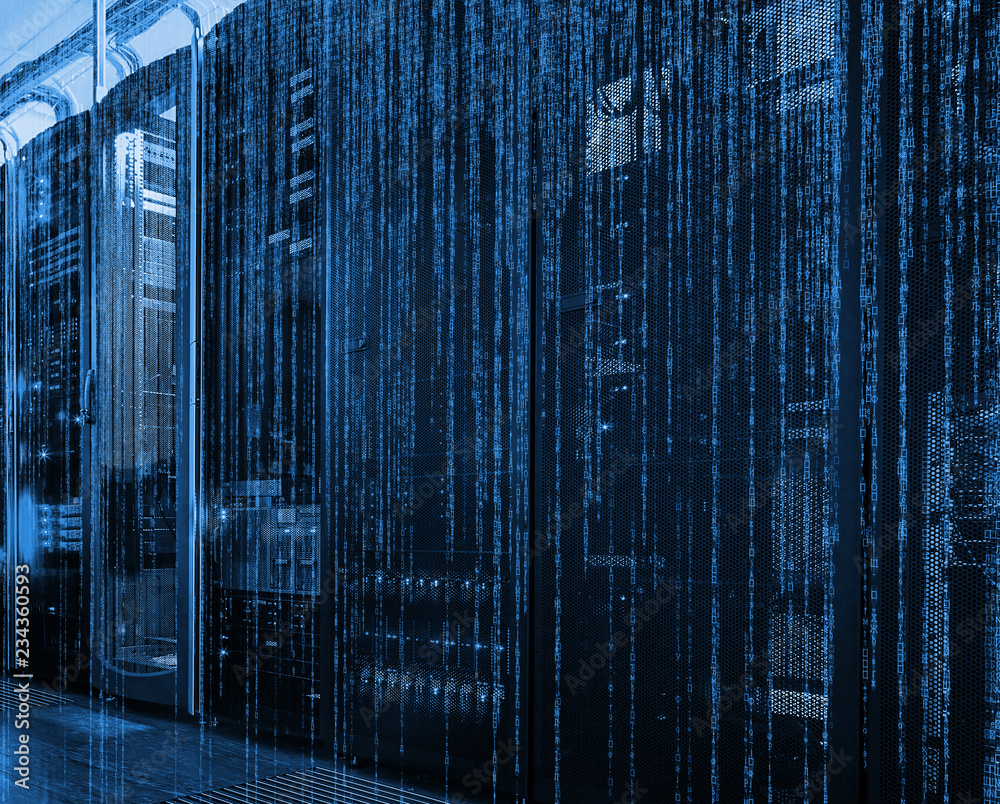 data center room with binary code penetrating supercomputers Stock Photo | Adobe Stock